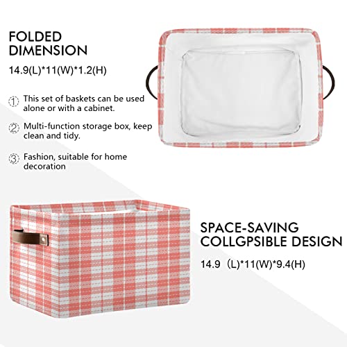 xigua Storage Basket Orange Coral Checkered Buffalo Storage Bin with Handle, Large Storage Cube Collapsible for Shelves Closet Bedroom Living Room 1PC
