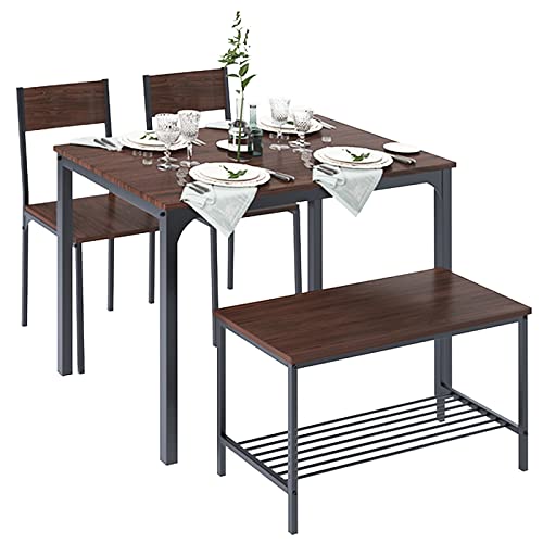 SogesHome 4 Piece Kitchen Dining Room Table Sets for 4, Modern Wooden Table with 2 Chairs and a Long Bench, Space-Saving Table Set for Restaurant, Coffee Shop
