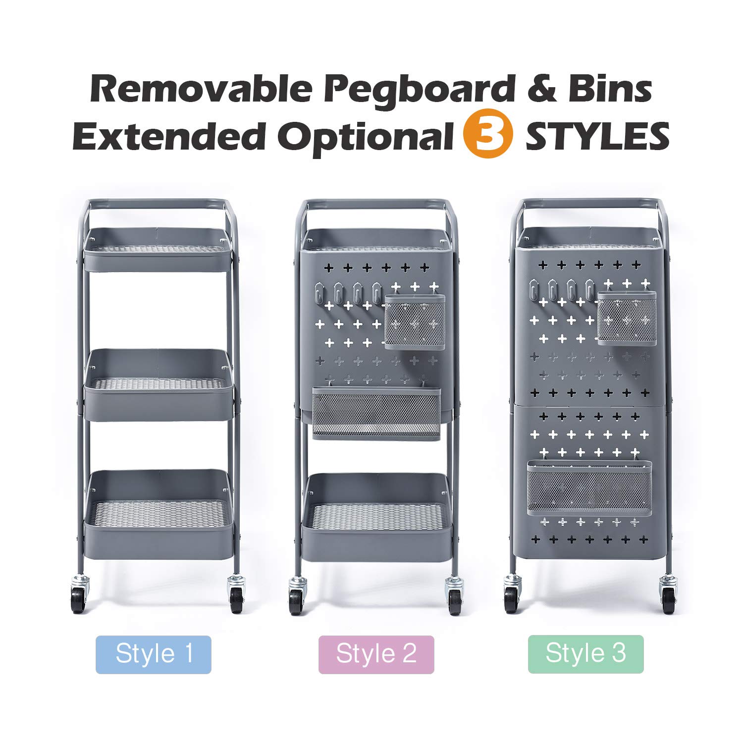 KINGRACK 3-Tier Rolling Cart, Metal Utility Cart with Pegboard, Storage Trolley Organizer Serving Cart with Handle and Extra Baskets Hooks for Kitchen Office Teacher Classroom, Grey