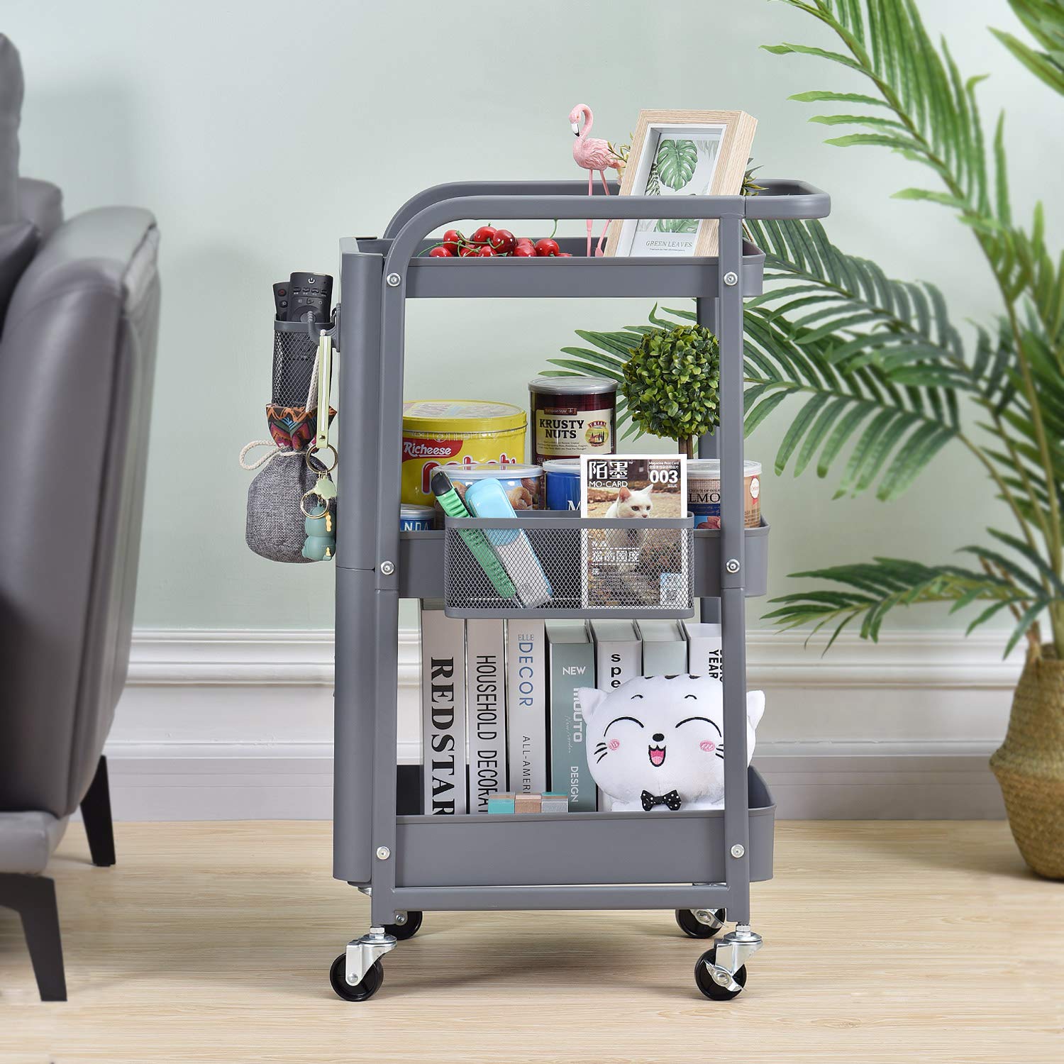KINGRACK 3-Tier Rolling Cart, Metal Utility Cart with Pegboard, Storage Trolley Organizer Serving Cart with Handle and Extra Baskets Hooks for Kitchen Office Teacher Classroom, Grey