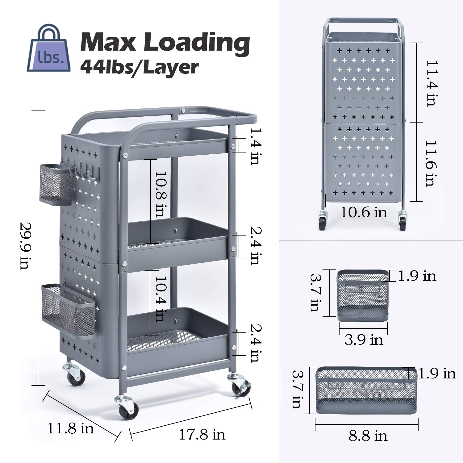 KINGRACK 3-Tier Rolling Cart, Metal Utility Cart with Pegboard, Storage Trolley Organizer Serving Cart with Handle and Extra Baskets Hooks for Kitchen Office Teacher Classroom, Grey