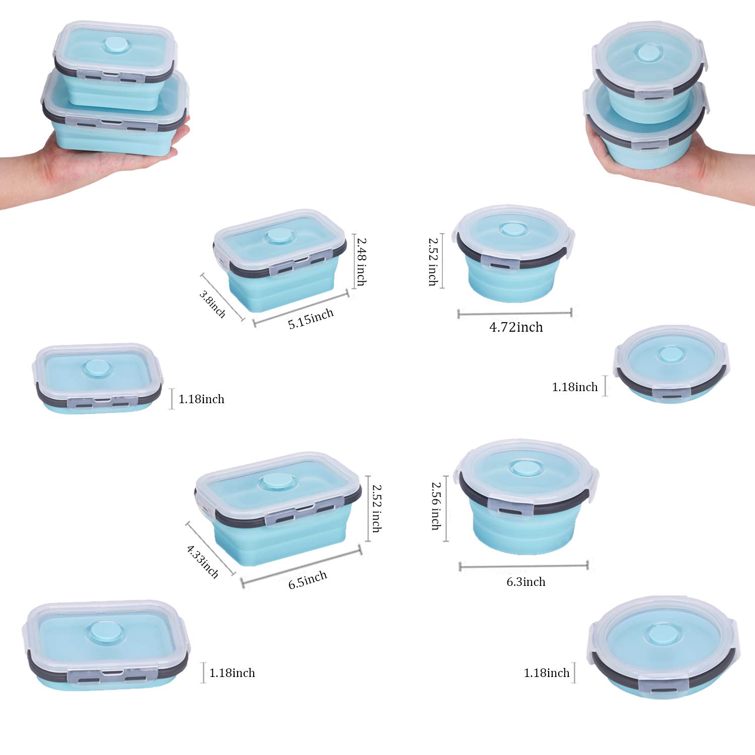 KUON Collapsible Silicone Food Storage Containers with Airtight Lids, Set of 4 Stacking Container, Microwave and Freezer and Dishwasher Safe, with Vent Valve, BPA Free (350ml and 500ml)