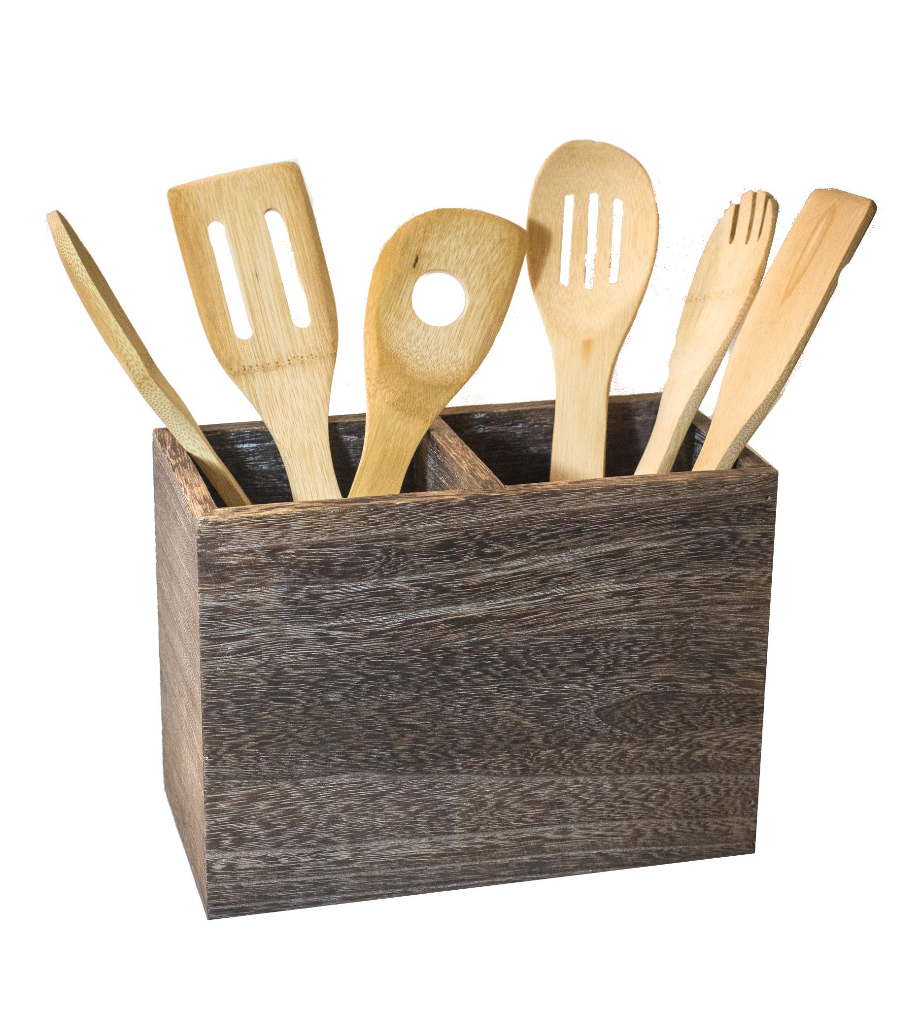 Double Torched Wood Kitchen Cooking Utensil Holder | 2 Compartment Large Caddy | Organizer Box with Slide-Out Bottom Panel by Farwood Designs