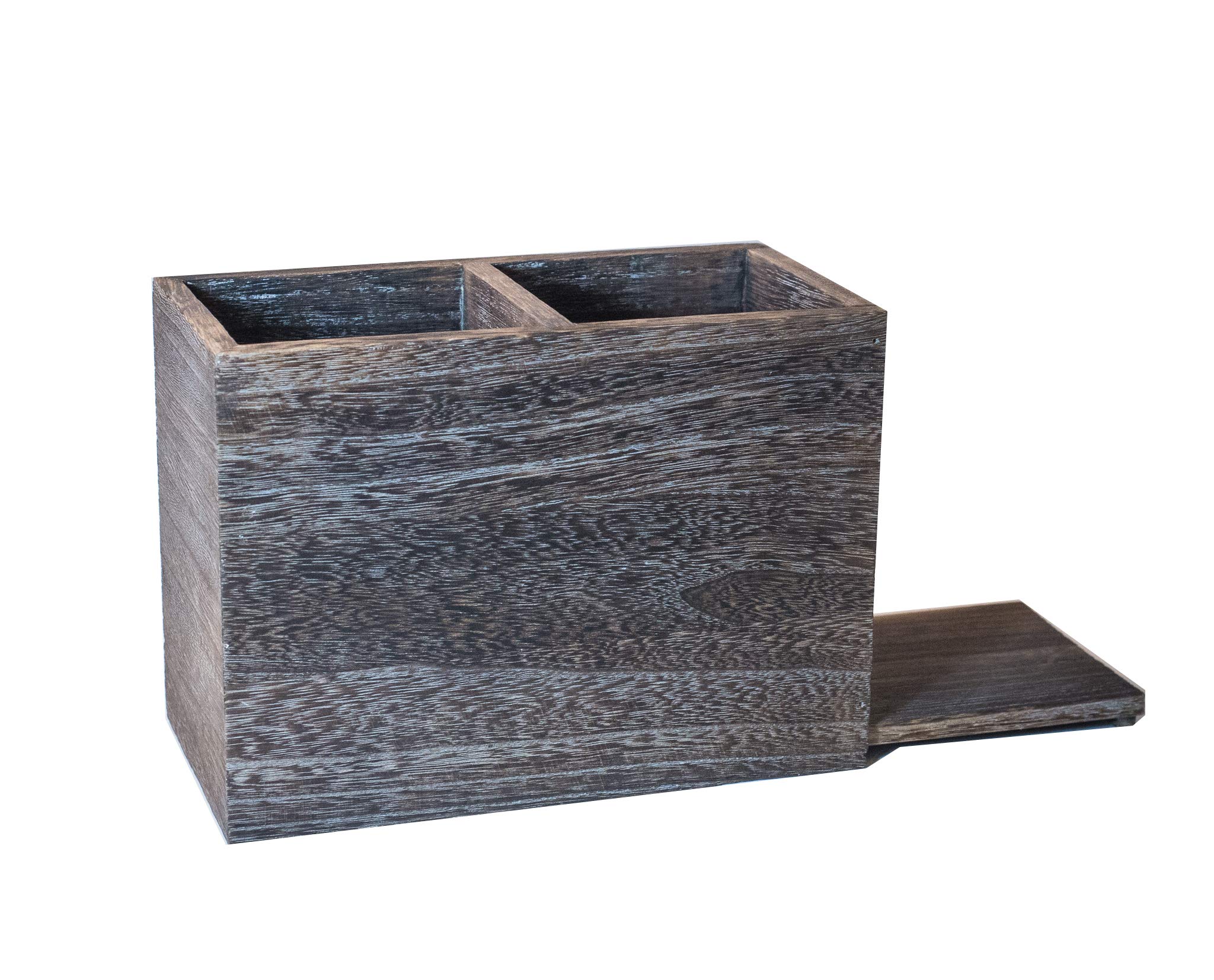 Double Torched Wood Kitchen Cooking Utensil Holder | 2 Compartment Large Caddy | Organizer Box with Slide-Out Bottom Panel by Farwood Designs