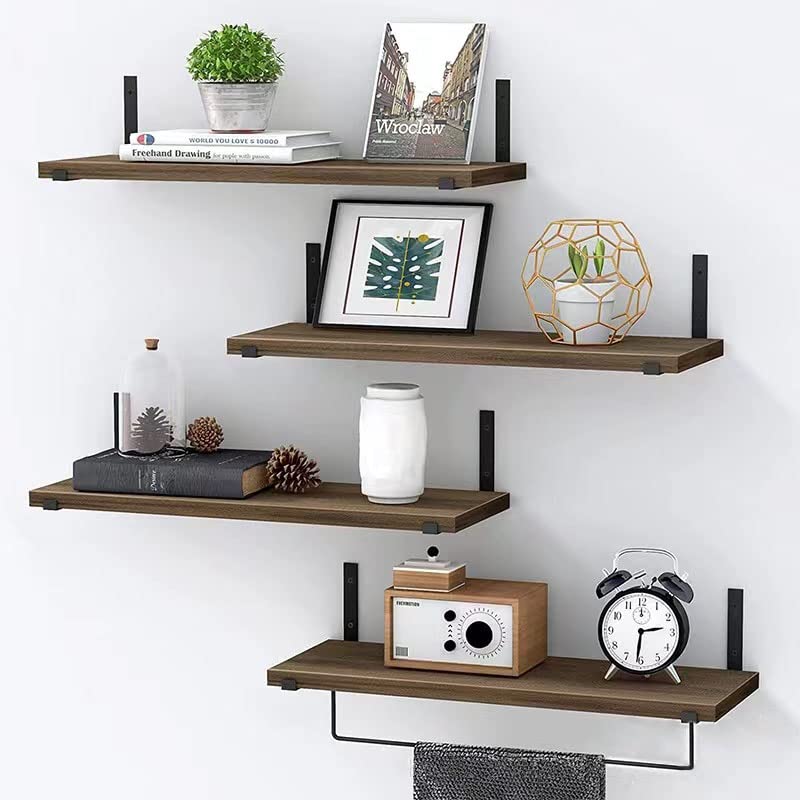 Vppiis Floating Shelves for Bedroom Bathroom, Nature Wood Wall Mounted Book Shelf, Wall Shelves Storage for Living Room Kitchen Office with Towel Rack and 2 Hooks Set of 4