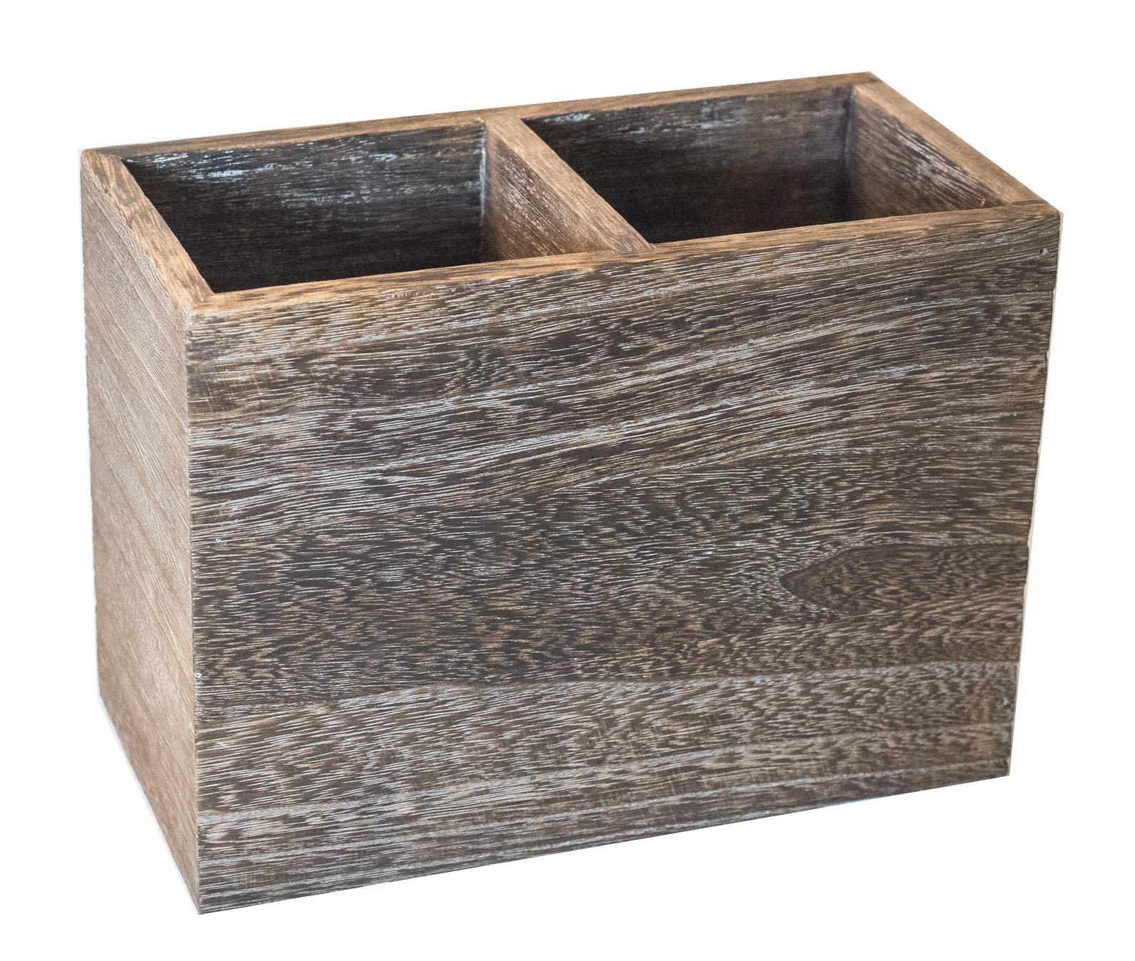 Double Torched Wood Kitchen Cooking Utensil Holder | 2 Compartment Large Caddy | Organizer Box with Slide-Out Bottom Panel by Farwood Designs