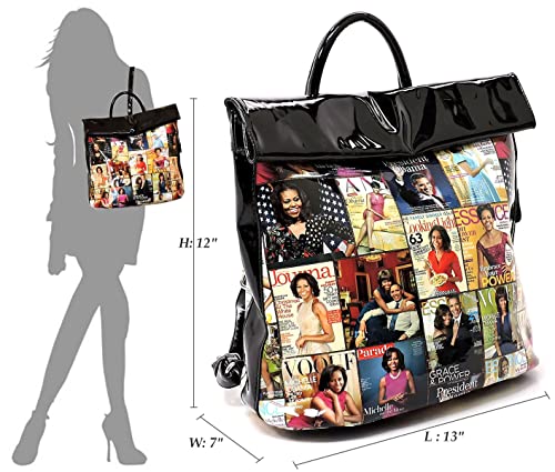 Michelle Obama Magazine Cover Collage Backpack Womens Fashion Purse Handbag (#B-Multi/BK)