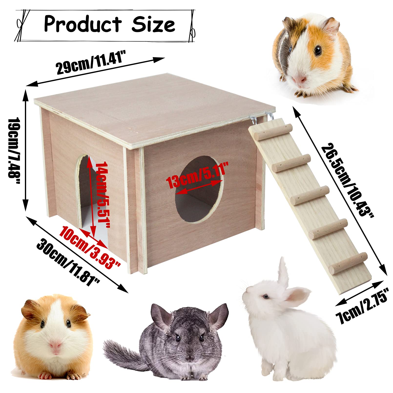 PINVNBY Guinea Pig Hideout Chinchilla Wooden House Hut with Windows Natural Handcrafted Detachable Small Animal Hideout Hut for Hedgehog Rat Hamster Gerbil