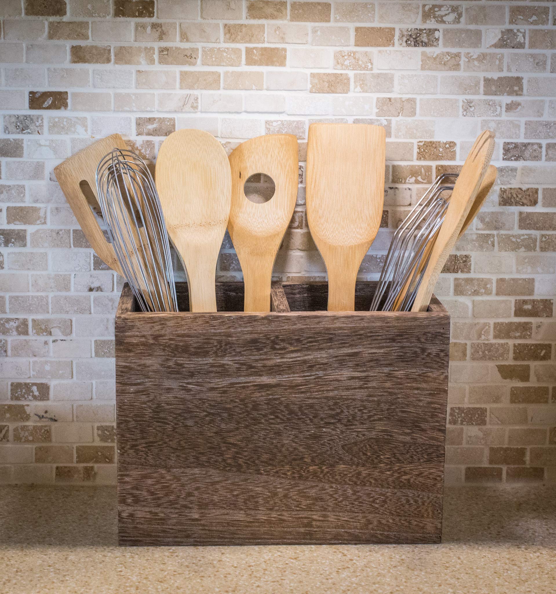 Double Torched Wood Kitchen Cooking Utensil Holder | 2 Compartment Large Caddy | Organizer Box with Slide-Out Bottom Panel by Farwood Designs