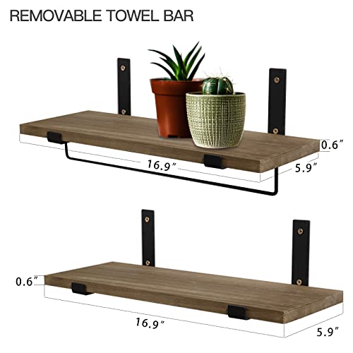 Vppiis Floating Shelves for Bedroom Bathroom, Nature Wood Wall Mounted Book Shelf, Wall Shelves Storage for Living Room Kitchen Office with Towel Rack and 2 Hooks Set of 4