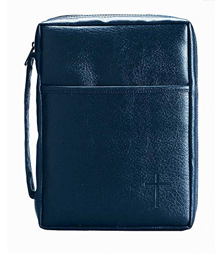 Blue Embossed Cross with Front Pocket Leather Look Bible Cover with Handle, Large