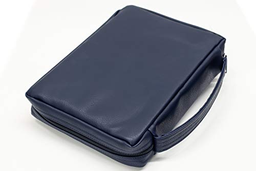 Blue Embossed Cross with Front Pocket Leather Look Bible Cover with Handle, Large