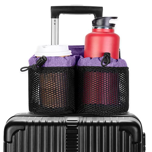 LoDrid Luggage Cup Holder, Hands-Free Drink Holder with 2 Coffee Mugs Tightening Drawstring, Fits Most Suitcase Handles, Luggage Cup Holder Attachment, for Flight Attendant & Travelers, Purple