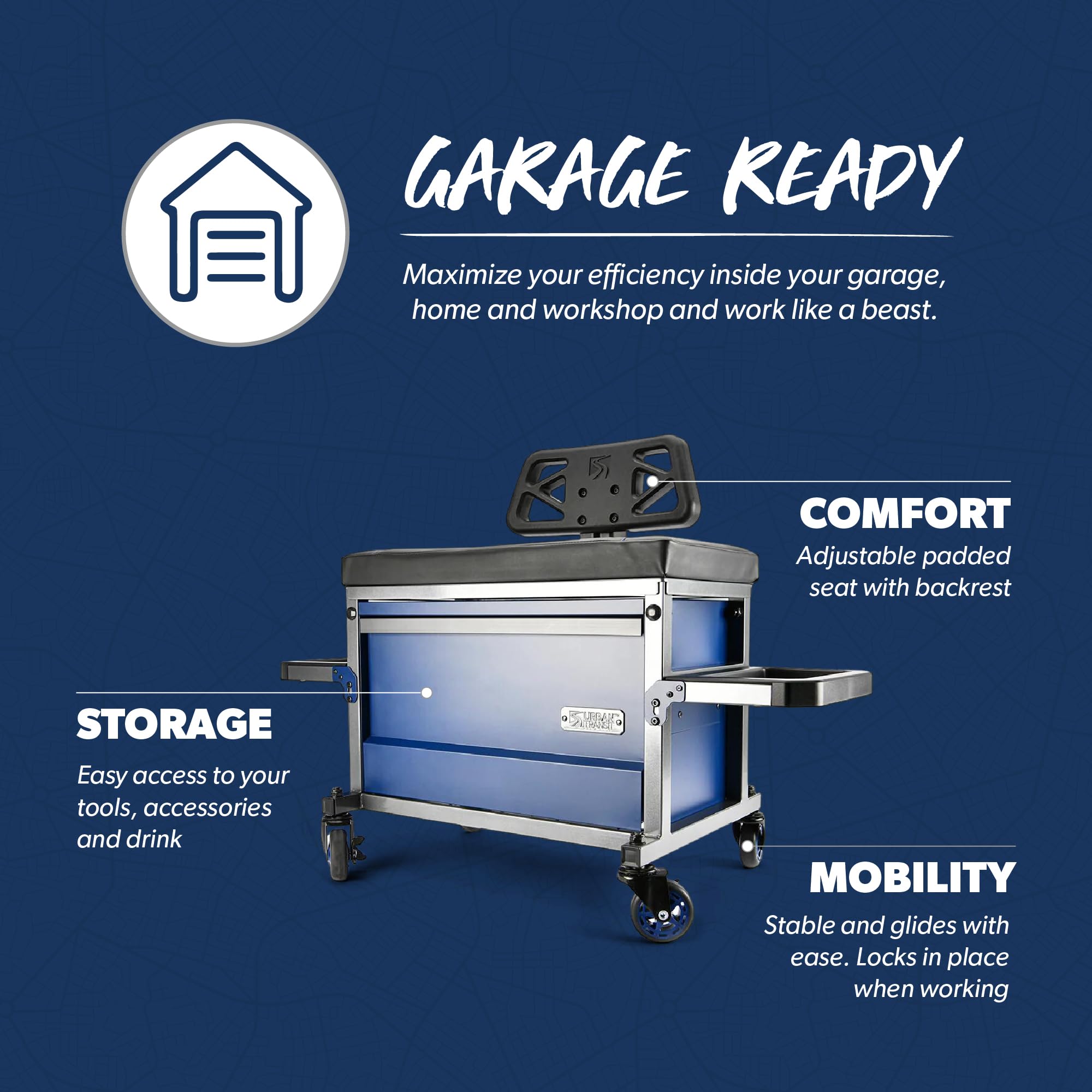 URBANTRANSIT The Beast Heavy Duty Shop Stool with Backrest - 500 Lb Capacity Rolling Stool for The Garage with Tool Storage, Cupholder and 360 Degree Wheels - an Ideal Workshop and Mechanic Stool