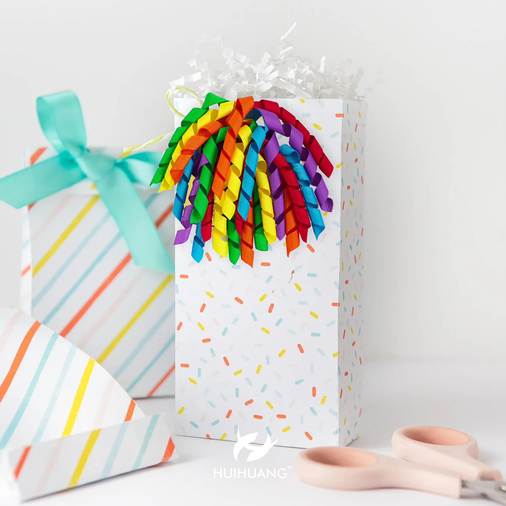 HUIHUANG Curly Ribbon Bow Rainbow Ribbon Gift Wrap Bows Birthday Self Adhesive Bow Stick on Bows for Gift Wrapping Gift Bags Gift Basket Crafting Present Wrap Accessories - 6 Counts X 6 Inch