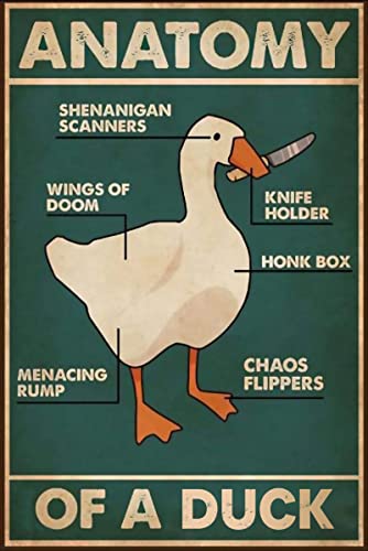 QWEQWEQ Duck Knowledge Metal Tin Sign Anatomy Of A Duck Funny Poster Hunting Lodge Cafe Restaurant Kitchen Living Room Bathroom Home Art Wall Decoration Plaque 8inch X 12inch