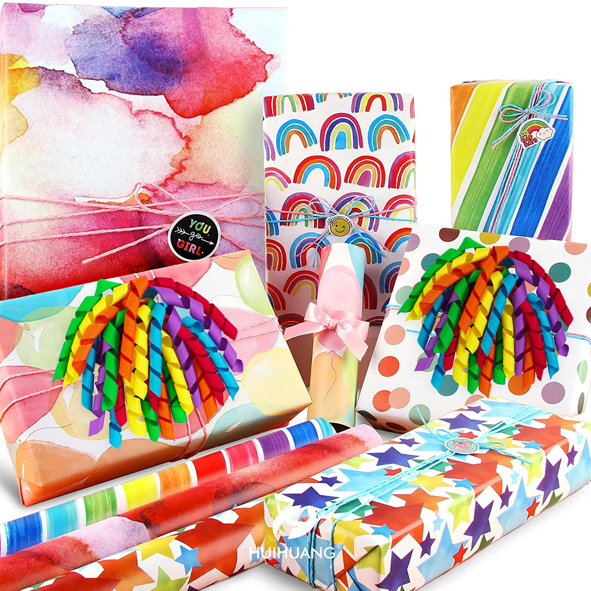 HUIHUANG Curly Ribbon Bow Rainbow Ribbon Gift Wrap Bows Birthday Self Adhesive Bow Stick on Bows for Gift Wrapping Gift Bags Gift Basket Crafting Present Wrap Accessories - 6 Counts X 6 Inch