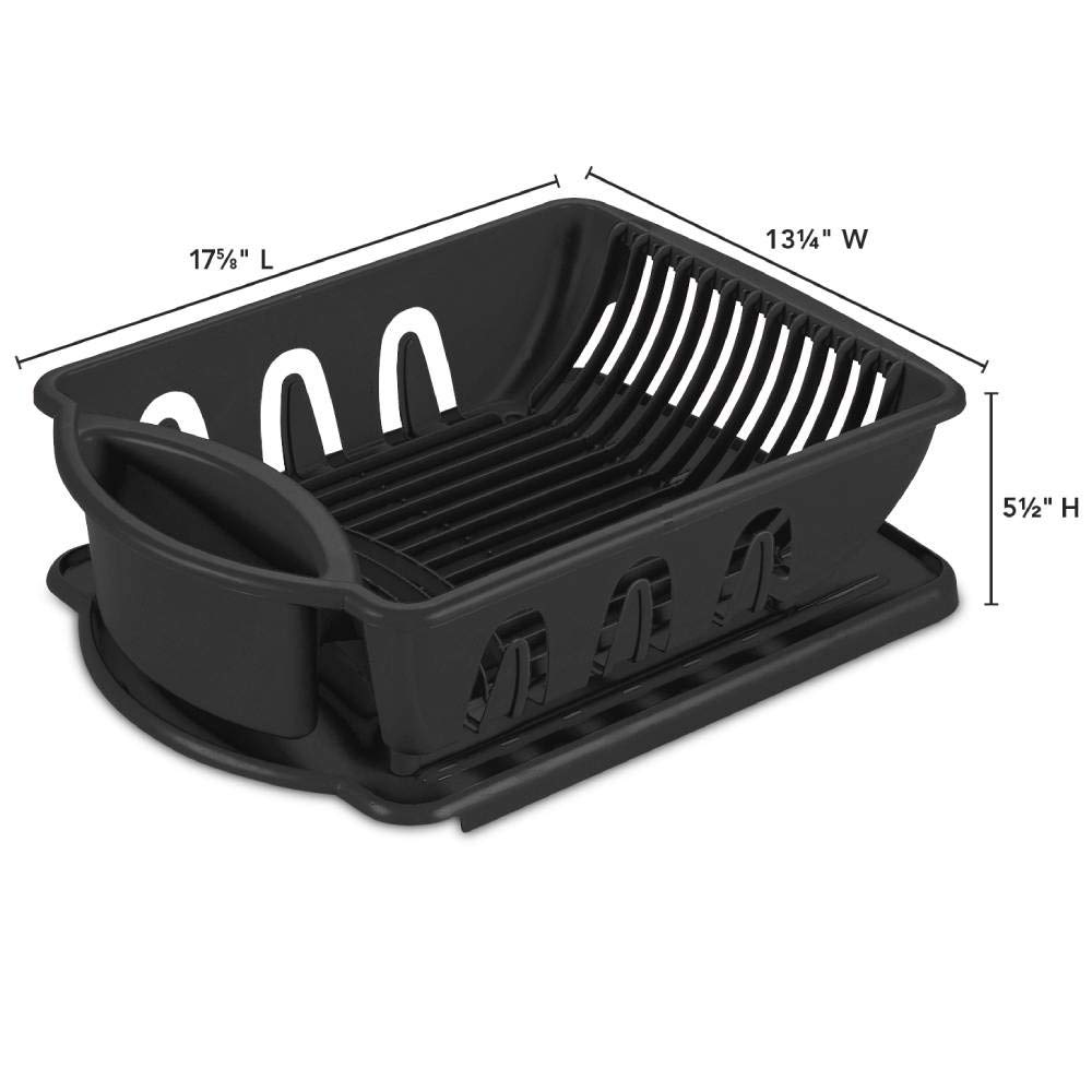 Tribello Sink Dish Drying Rack, Heavy Duty Hard Plastic Drying Rack, Dish Drainer for Kitchen Counter with Drainboard Set, with Silverware Holder - 18 x 13 x 6 (Black)