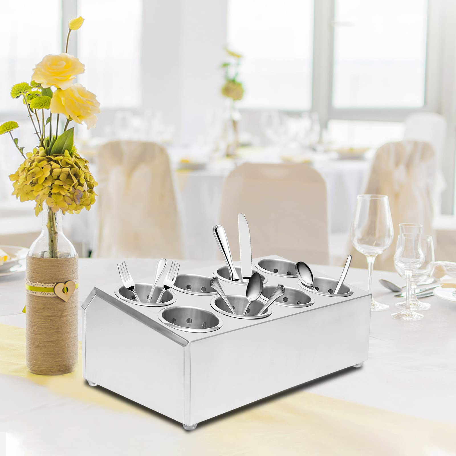 NOPTEG Commercial Utensil Holder, Stainless Steel Cylinder Flatware Silverware Utensil Holder Organizer Countertop Forks Spoons Knife Utensil Caddy Compact Cutlery Organizer(8 Hole)