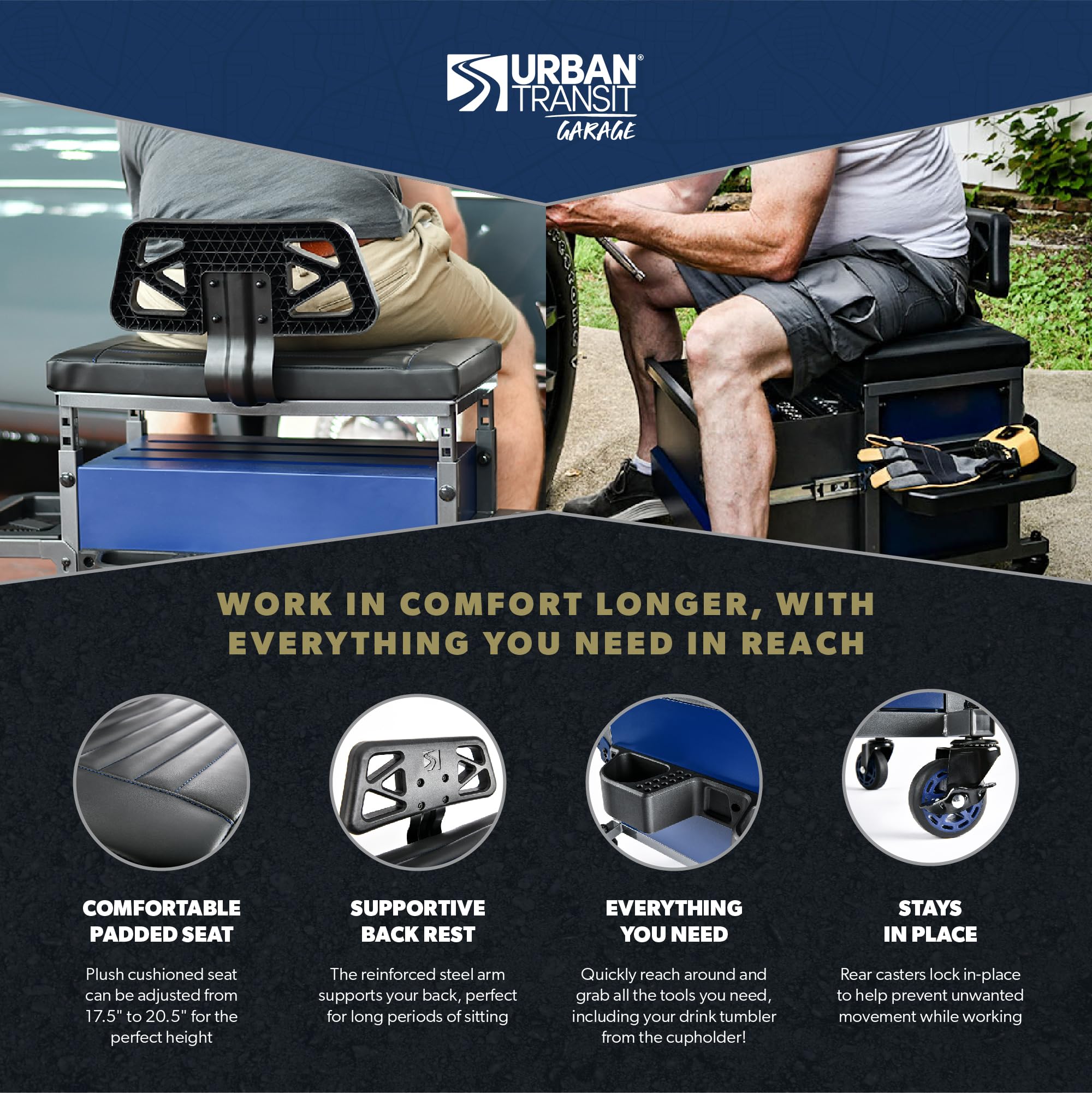 URBANTRANSIT The Beast Heavy Duty Shop Stool with Backrest - 500 Lb Capacity Rolling Stool for The Garage with Tool Storage, Cupholder and 360 Degree Wheels - an Ideal Workshop and Mechanic Stool