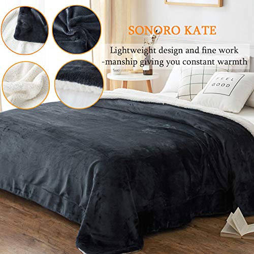 SONORO KATE Sherpa Fleece Blanket King Size - Luxurious Double Reversible Super Soft Thick Fuzzy Plush,Warm Cozy Fluffy Couch Throw Velvet King Blanket for Bed (King, Dark Grey)