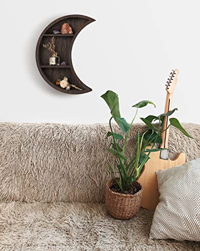 Dahey Moon Shelf Wall Mounted Moon Wall Decor Crystal Display Shelf Hanging Storage and Rustic Wall Moon Phases Decor Wood Moon Signs for Living Room Bedroom Bathroom Kitchen Witchy Room Decor