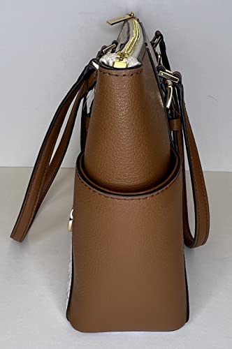 Michael Kors Charlotte Large Zip Tote bundled with matching Trifold Wallet and Purse Hook (Vanilla MK/Luggage)
