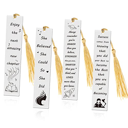 Tallew 4 Pcs Metal Bookmarks Inspirational for Book Lovers Christmas Gifts Graduation Teacher Appreciation Bookmark Thank You Page Marker Teachers Women Birthday(Sweet), Silver