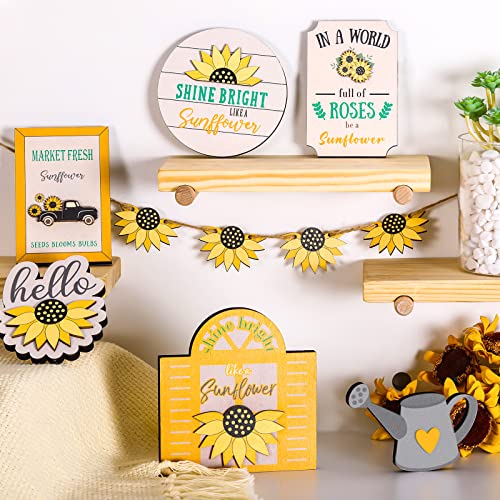 7 Pieces Summer Tiered Tray Decor Set Summer Wood Sign Rustic Farmhouse Decor Wooden Kitchen Tiered Tray Sign Decorative Trays Signs for Summer Home Kitchen Table Shelf (Sunflower Style)