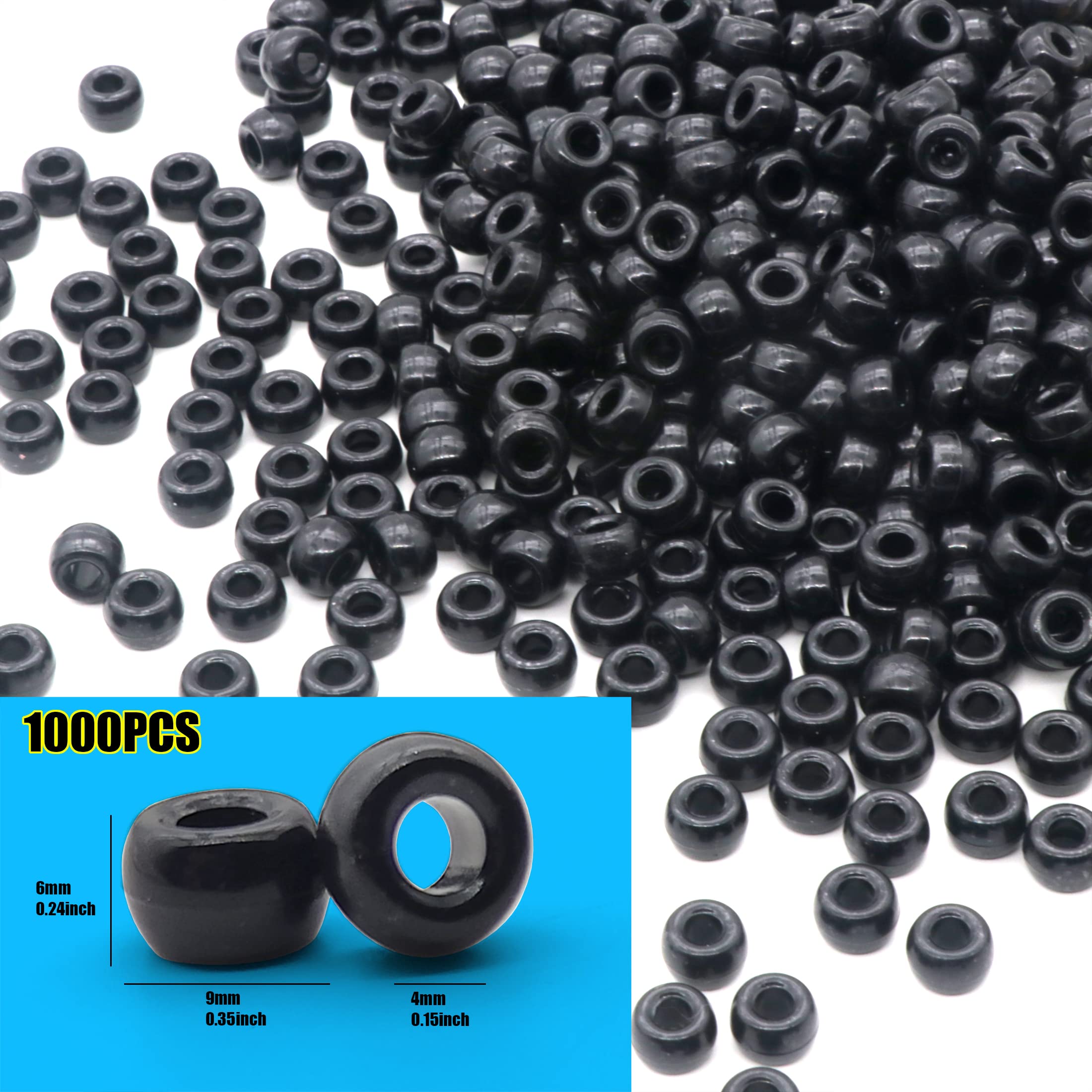 1000Pcs Pony Beads Bracelet 9mm Black Plastic Barrel Pony Beads for Necklace,Hair Beads for Braids for Girls,Key Chain,Jewelry Making (Black)