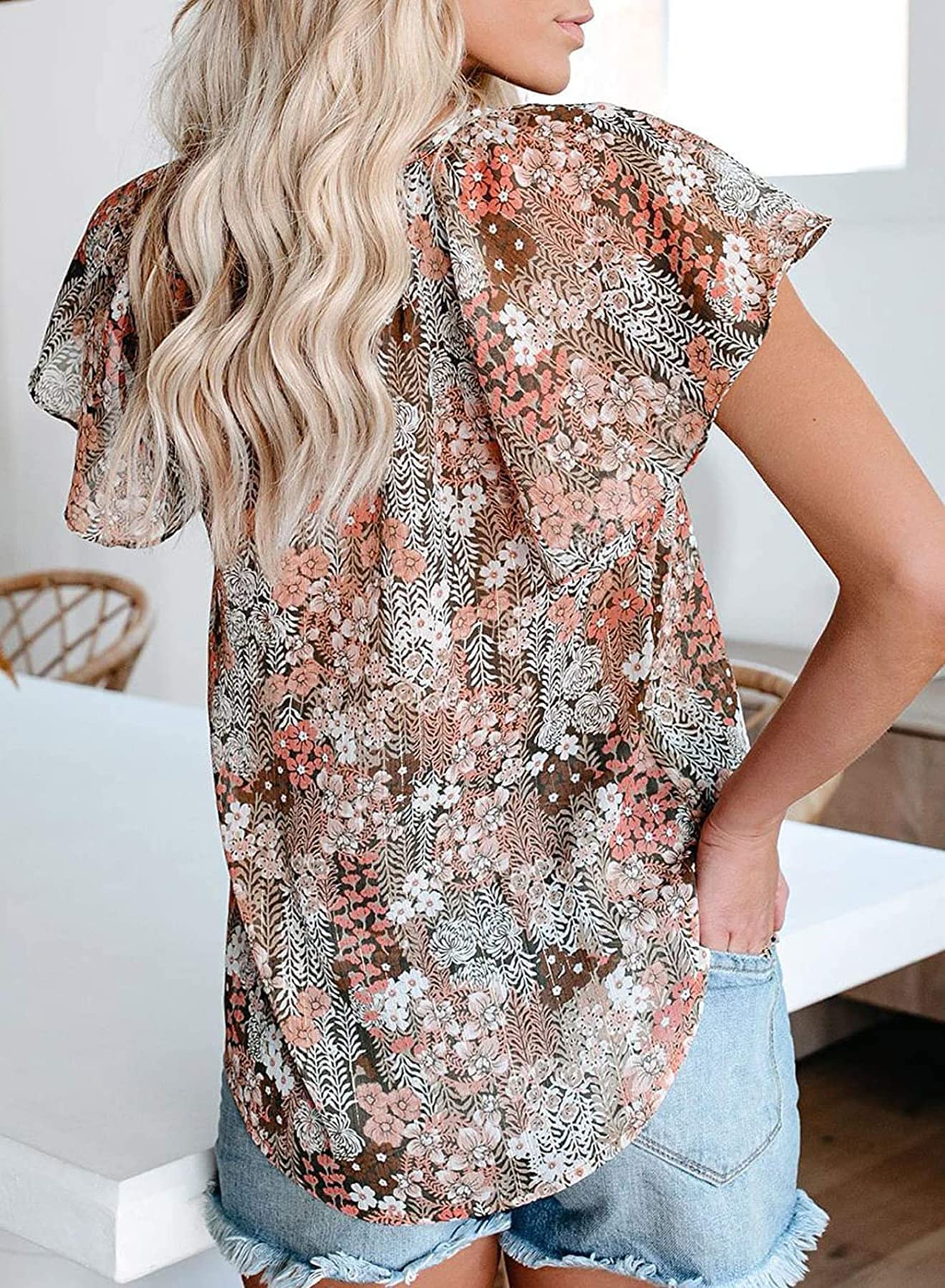 SimpleFun V Neck Tops for Women Sexy Casual Flower Print Drawstring Bohemian Blouses (A-Khaki,XXL)