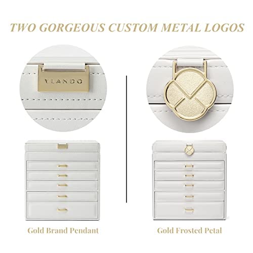 Vlando 6 Tier Large Jewelry Storage Box with Mirror, Huge Jewelry Box Organizer Storage of Necklace Ring Earring Bracelets Watches (White)