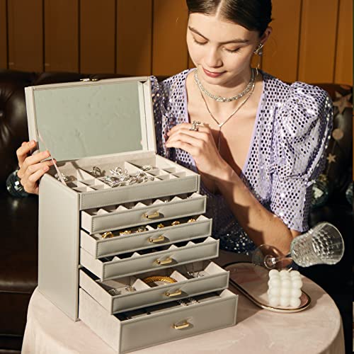 Vlando 6 Tier Large Jewelry Storage Box with Mirror, Huge Jewelry Box Organizer Storage of Necklace Ring Earring Bracelets Watches (White)