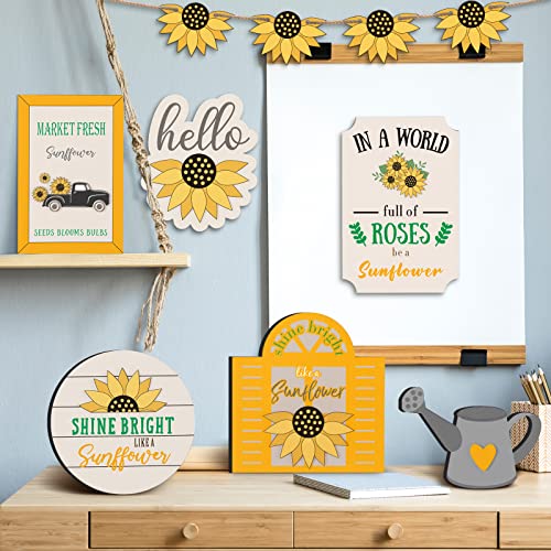 7 Pieces Summer Tiered Tray Decor Set Summer Wood Sign Rustic Farmhouse Decor Wooden Kitchen Tiered Tray Sign Decorative Trays Signs for Summer Home Kitchen Table Shelf (Sunflower Style)