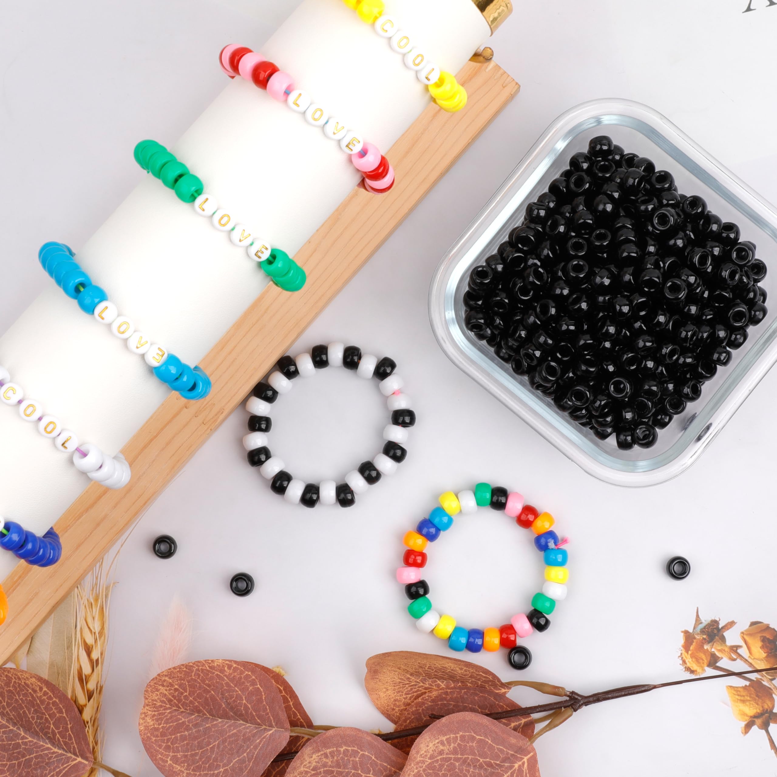 1000Pcs Pony Beads Bracelet 9mm Black Plastic Barrel Pony Beads for Necklace,Hair Beads for Braids for Girls,Key Chain,Jewelry Making (Black)