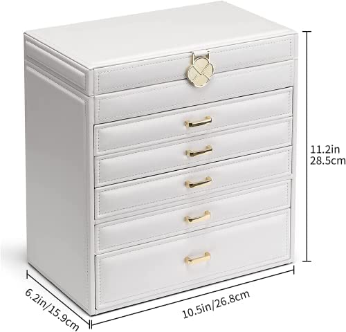 Vlando 6 Tier Large Jewelry Storage Box with Mirror, Huge Jewelry Box Organizer Storage of Necklace Ring Earring Bracelets Watches (White)