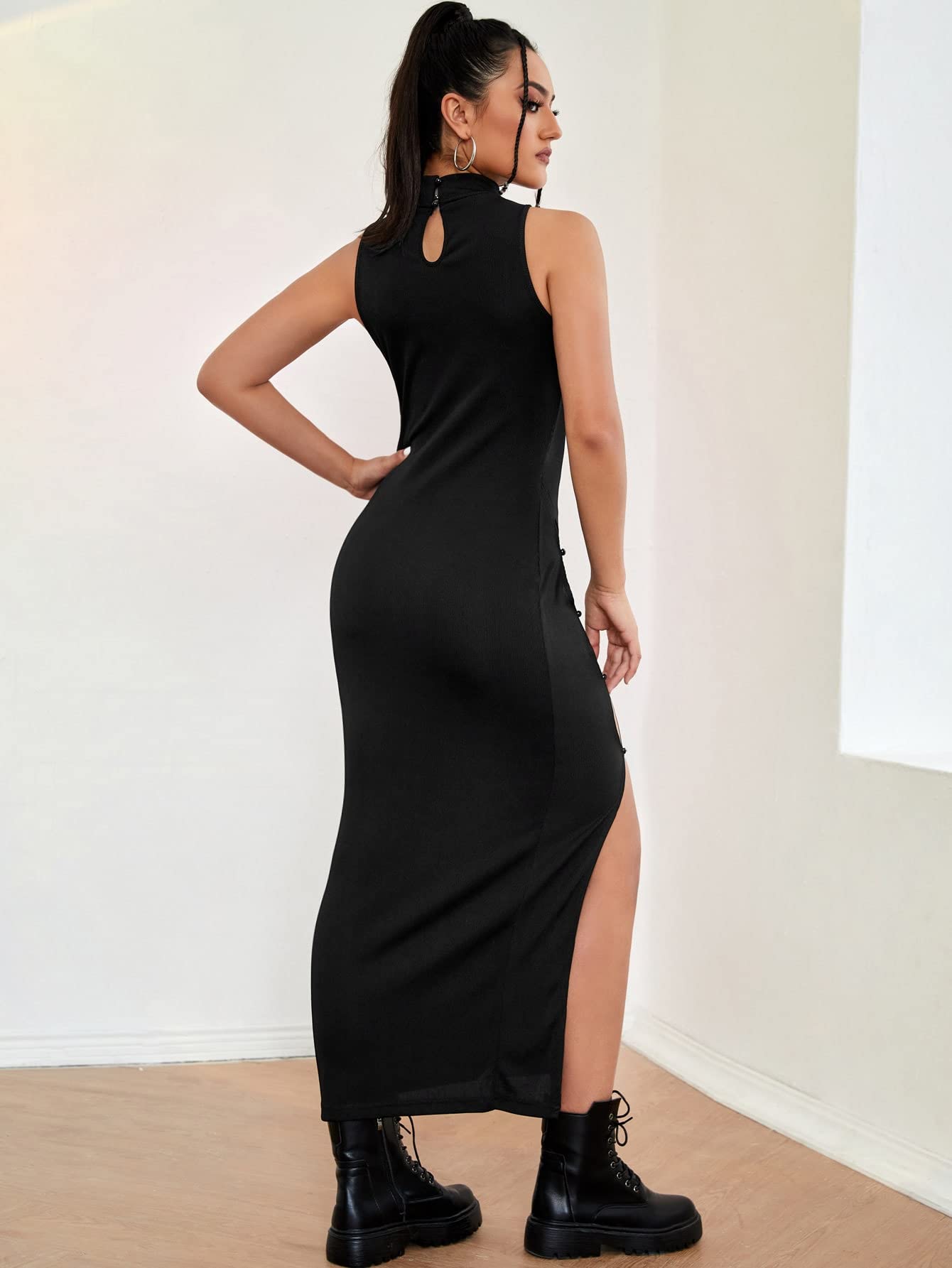 Verdusa Women's Mock Neck Cut Out Split Thigh Sleeveless Long Bodycon Dress Black S
