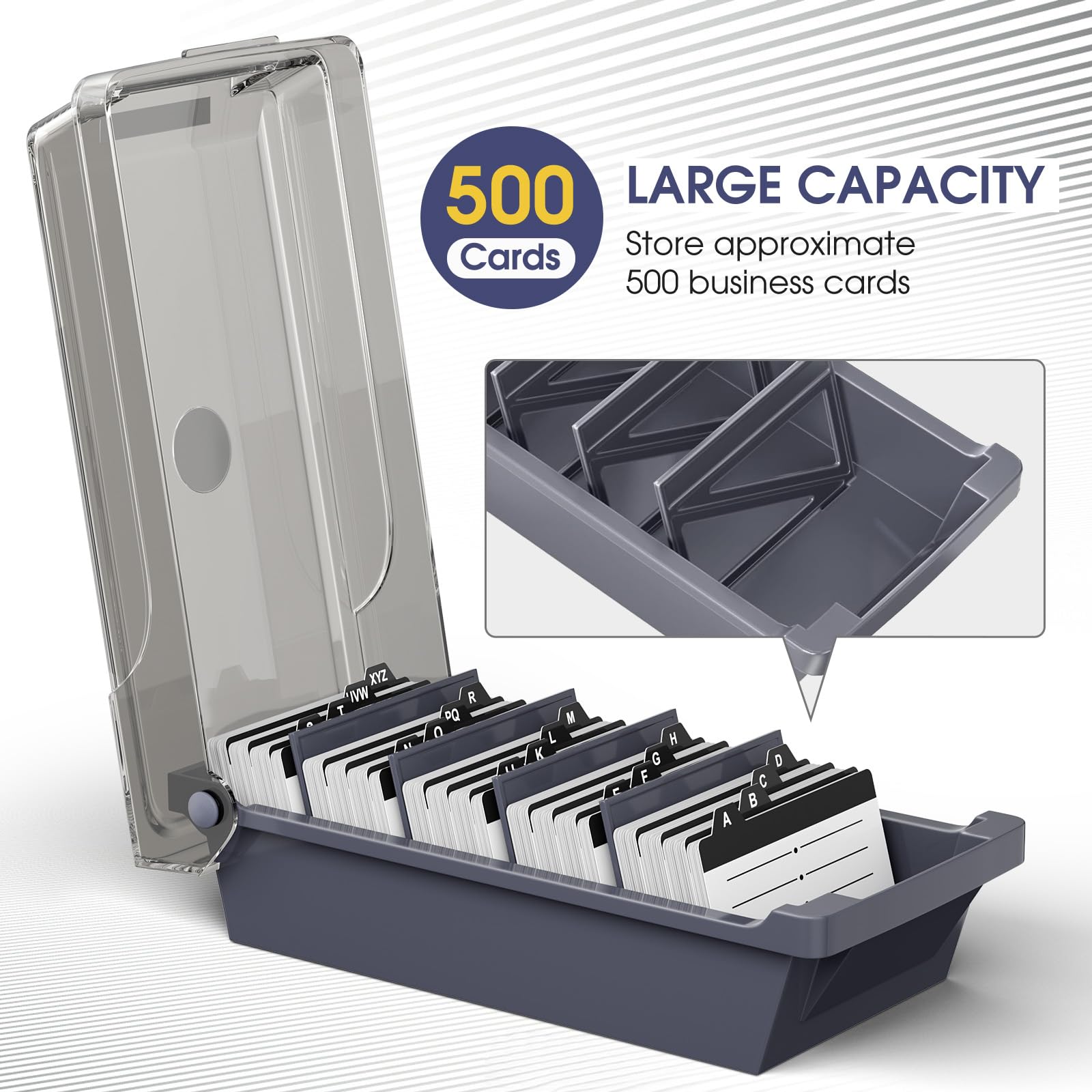 MaxGear Business Card Holder for Desk, Business Card Case Organizer, Credit Card Holder File, Business Card Holders Box Storage, Capacity: 500 Cards (2.2” x 3.5”), 4 Divider Boards & A-Z Tabs, Gray