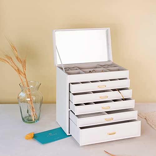 Vlando 6 Tier Large Jewelry Storage Box with Mirror, Huge Jewelry Box Organizer Storage of Necklace Ring Earring Bracelets Watches (White)