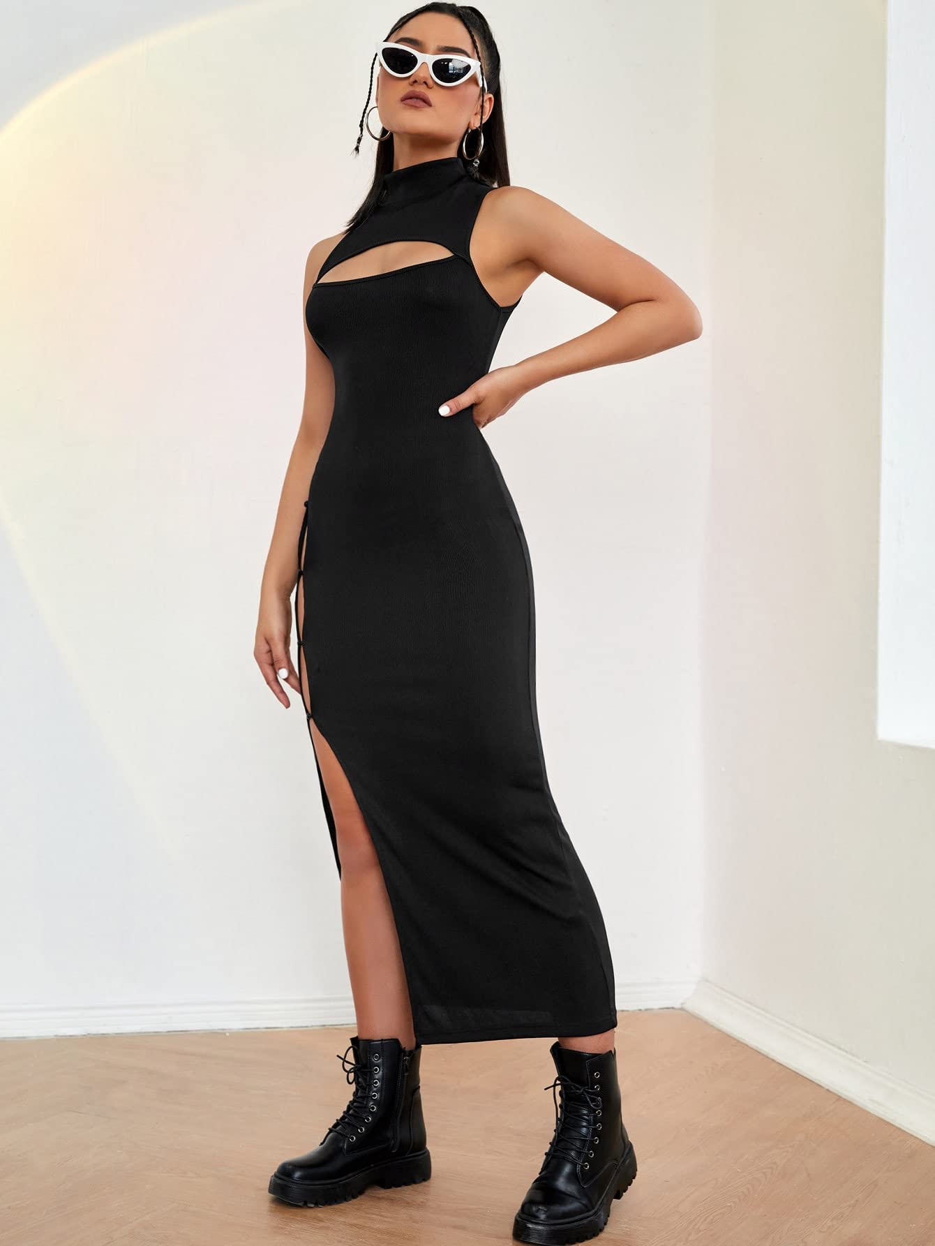 Verdusa Women's Mock Neck Cut Out Split Thigh Sleeveless Long Bodycon Dress Black S