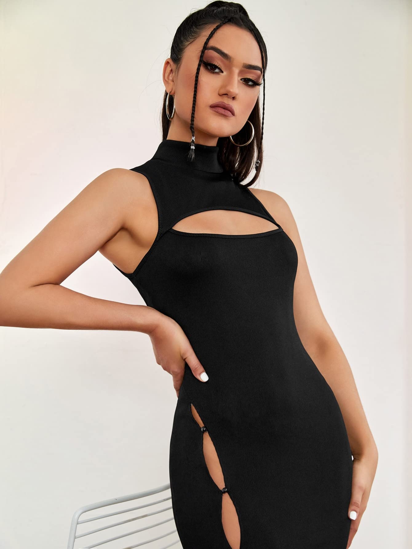 Verdusa Women's Mock Neck Cut Out Split Thigh Sleeveless Long Bodycon Dress Black S
