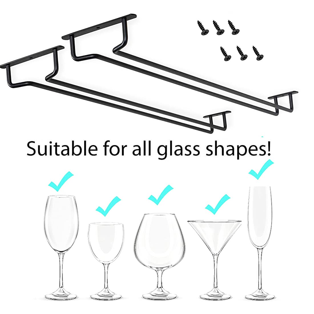 SARYRLIN Wine Glass Holder Rack 15.7 Inch 2 PCS,Wall Mount Hanging Iron Stemware Rack Under Cabinet Organization and Storage ,Wine Glass Hanging Rack for Cabinet Kitchen or Bar (Black)