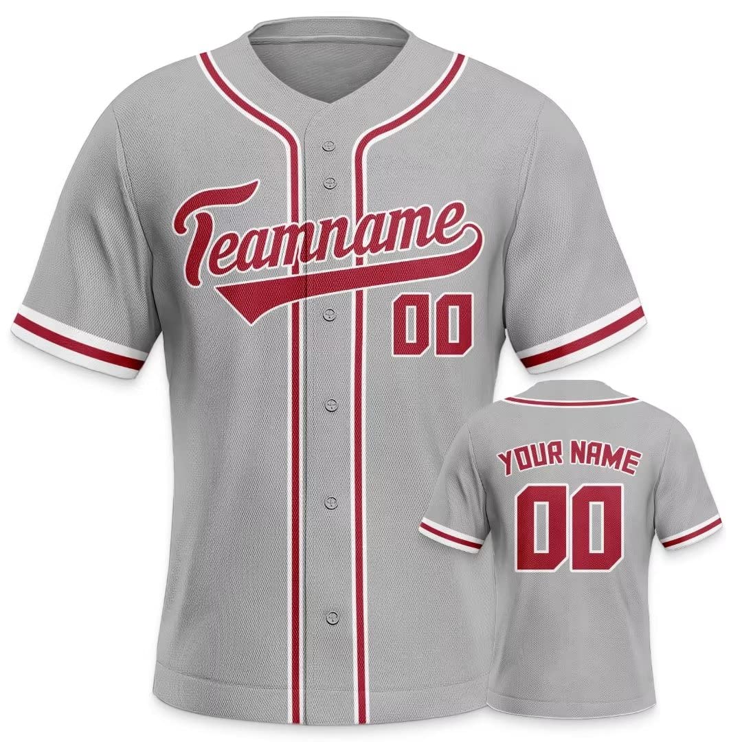 Grey Custom Baseball Jersey Personalized Gifts with Patch Team Name Number Stitch and 3D Print Tech Men Women Kid Toddler
