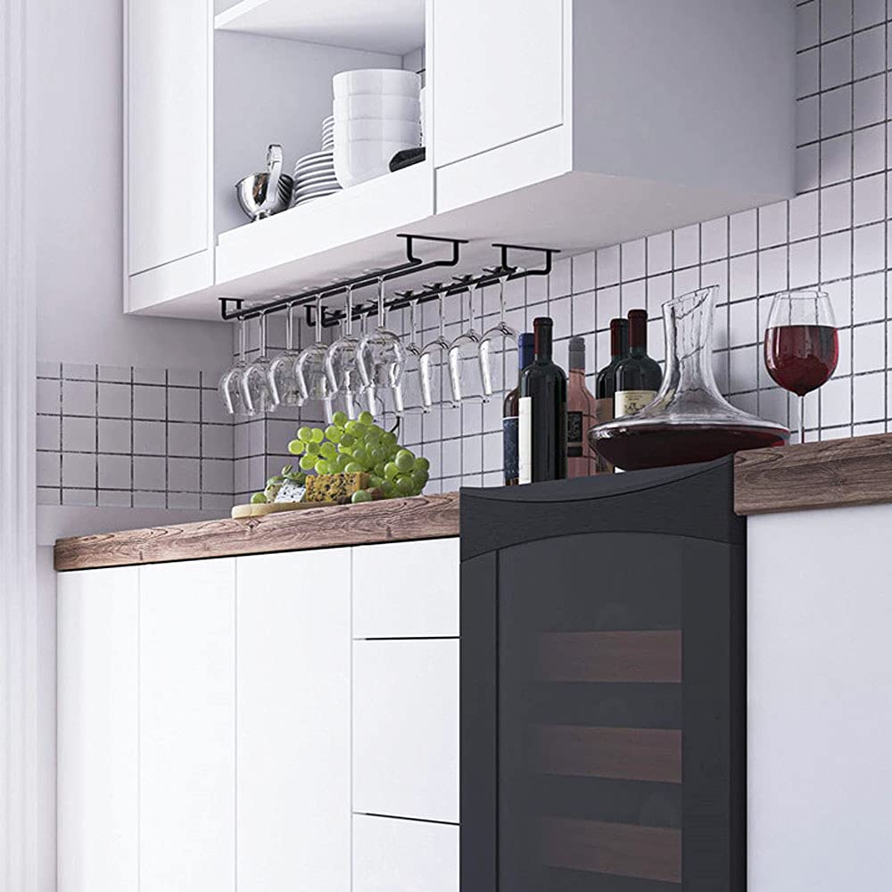 SARYRLIN Wine Glass Holder Rack 15.7 Inch 2 PCS,Wall Mount Hanging Iron Stemware Rack Under Cabinet Organization and Storage ,Wine Glass Hanging Rack for Cabinet Kitchen or Bar (Black)