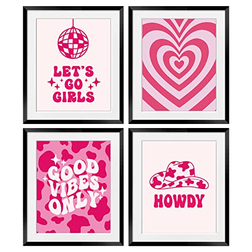 OGILRE Pink Abstract Disco Ball Let's Go Girls Howdy Good Vibes Only Preppy Wall Art Decorations Prints, Cowgirl Hat Hearts Boho Poster, 8x10 Inch 4 Set UNFRAMED