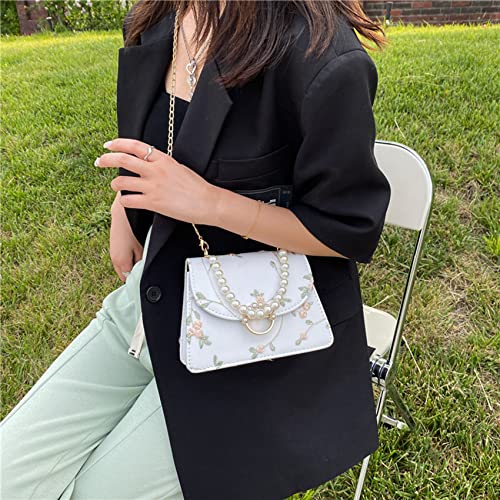 FAJIA Small Embroidered Satchel Crossbody Bag PU Leather Handbag with Faux Pearl Top Handle for Women, White