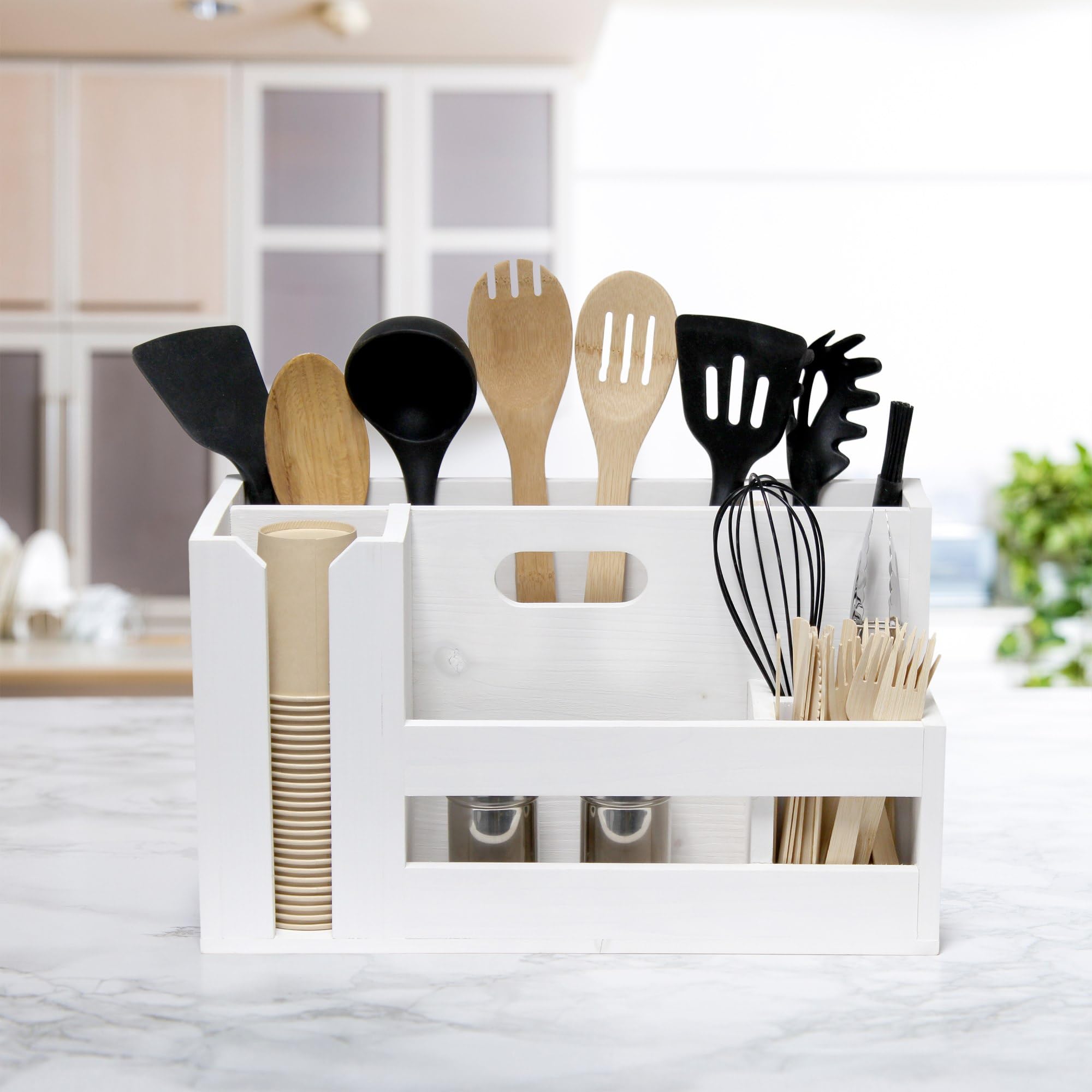 Elegant Designs HG2033-WHT Pantry Picks Farmhouse Wooden Flatware & Utensils Caddy Condiment Organizer w Cutout Handle & Compartments for Kitchen Décor Countertop Breakfast BBQ Events Picnic, Wht Wash