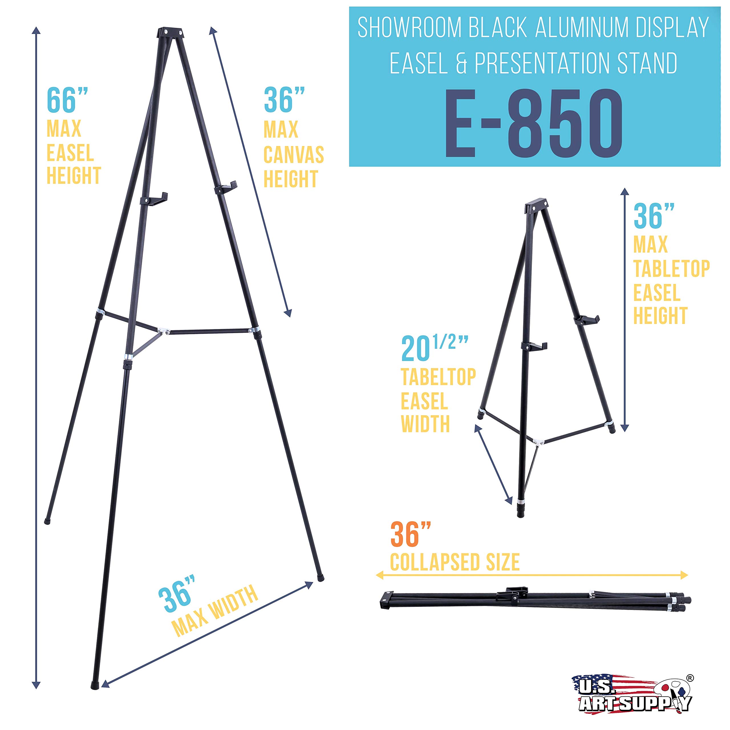 U.S. Art Supply 66" High Showroom Black Aluminum Display Easel and Presentation Stand - Large Adjustable Height Portable Tripod, Holds 25 lbs - Floor and Tabletop, Display Paintings, Signs, Posters