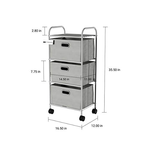 Rolling 3 Drawer Cart - Fabric Bin Storage Cart with Wheels and Metal Frame Closet Drawers for Clothes, Home, or Office by Lavish Home (Gray)