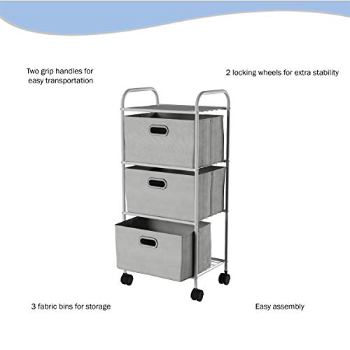 Rolling 3 Drawer Cart - Fabric Bin Storage Cart with Wheels and Metal Frame Closet Drawers for Clothes, Home, or Office by Lavish Home (Gray)